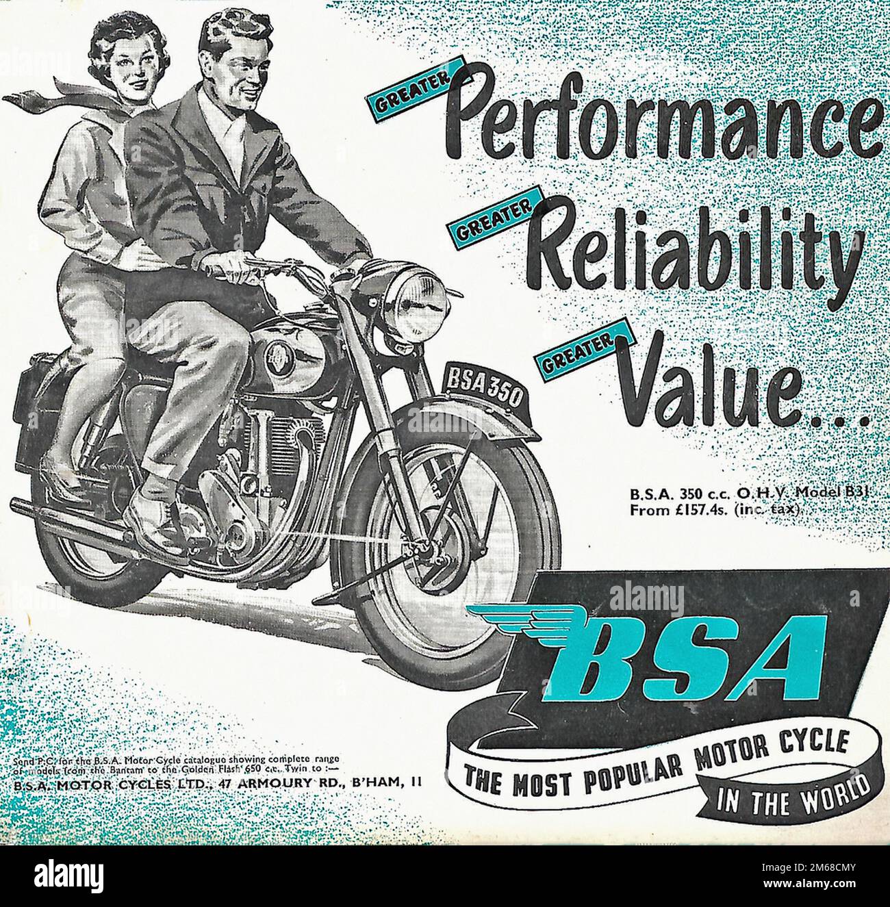 Performance, Reliability, Value. - Vintage Motorcycle Advertising Stock Photo - Alamy