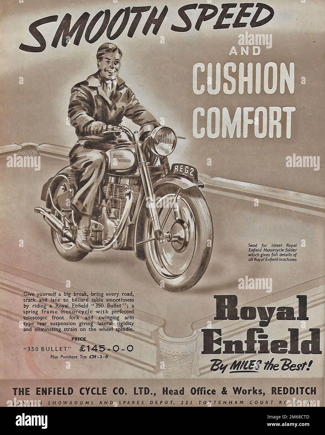 Smooth Speed and Cushion Comfort - Vintage Motorcycle Advertising Stock Photo - Alamy
