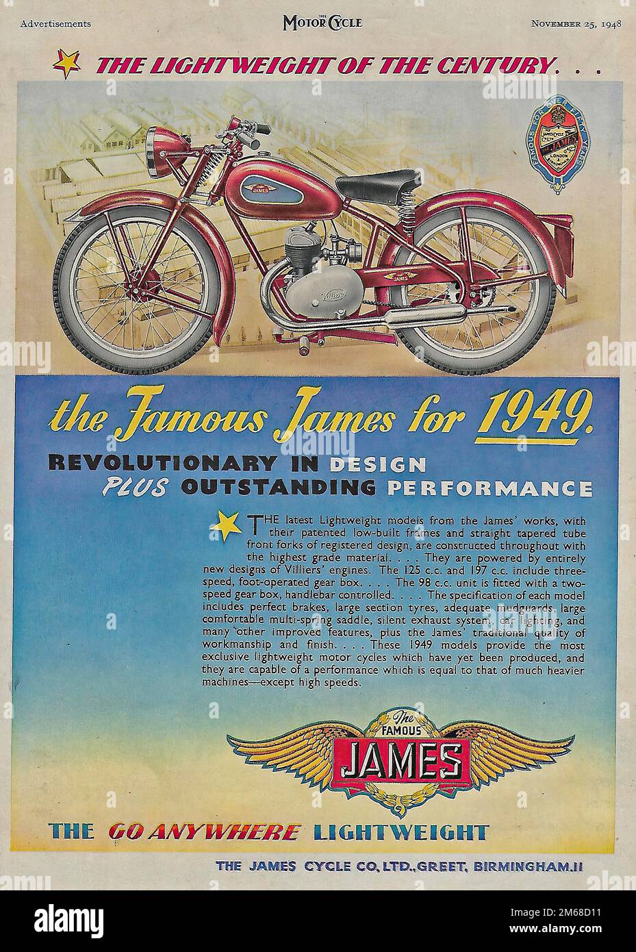 The Famous James - Vintage Motorcycle Advertising Stock Photo - Alamy