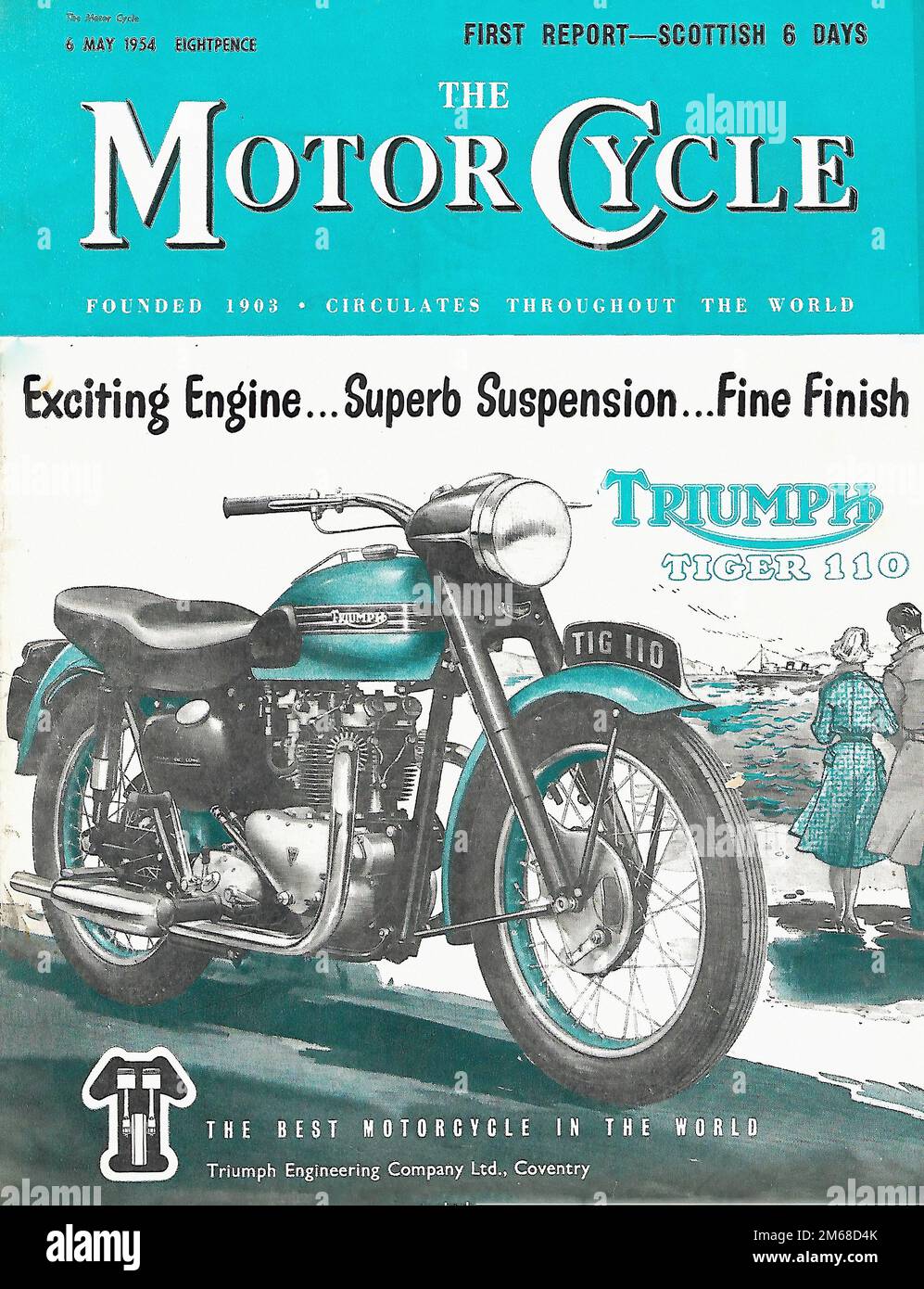Triumph Tiger 110 - Vintage Motorcycle Advertising - The Motorcycle Magazine Stock Photo - Alamy