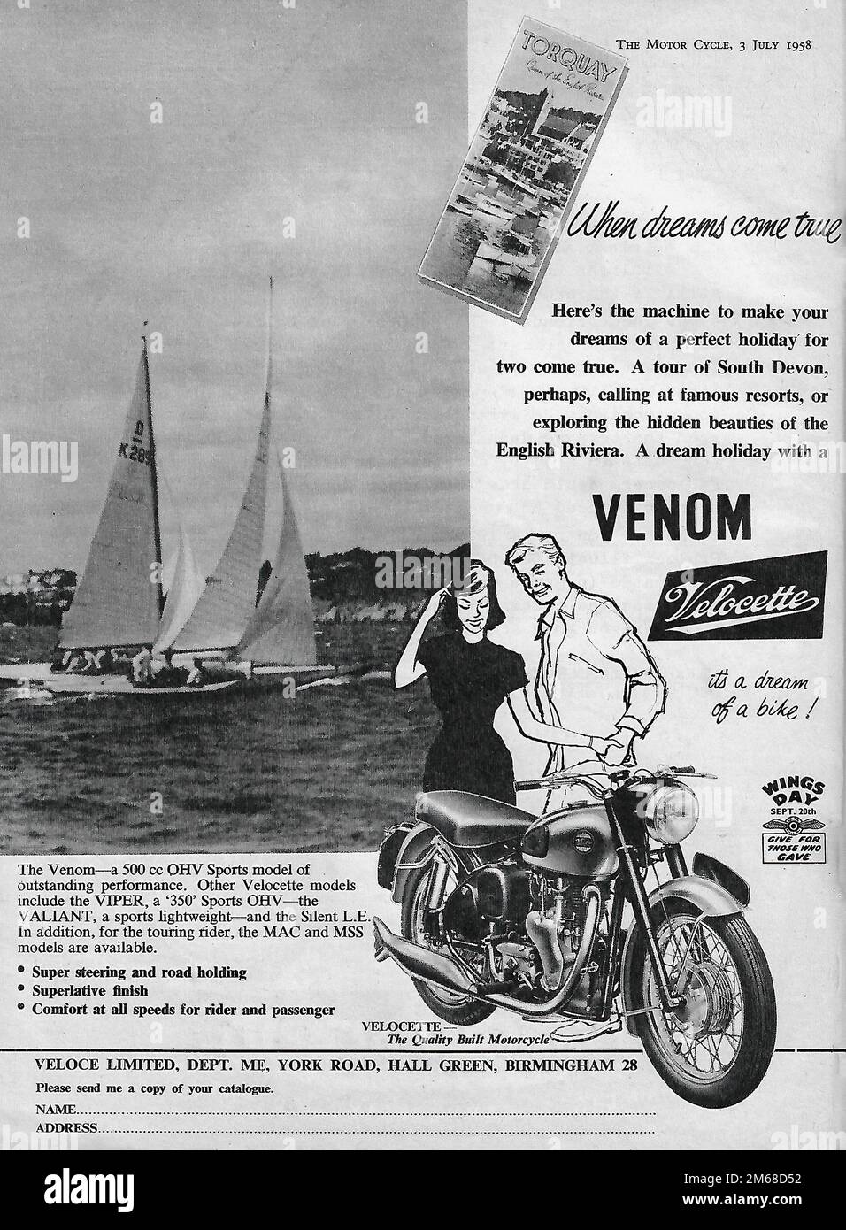 Velocette Venom - Vintage Motorcycle Advertising Stock Photo - Alamy