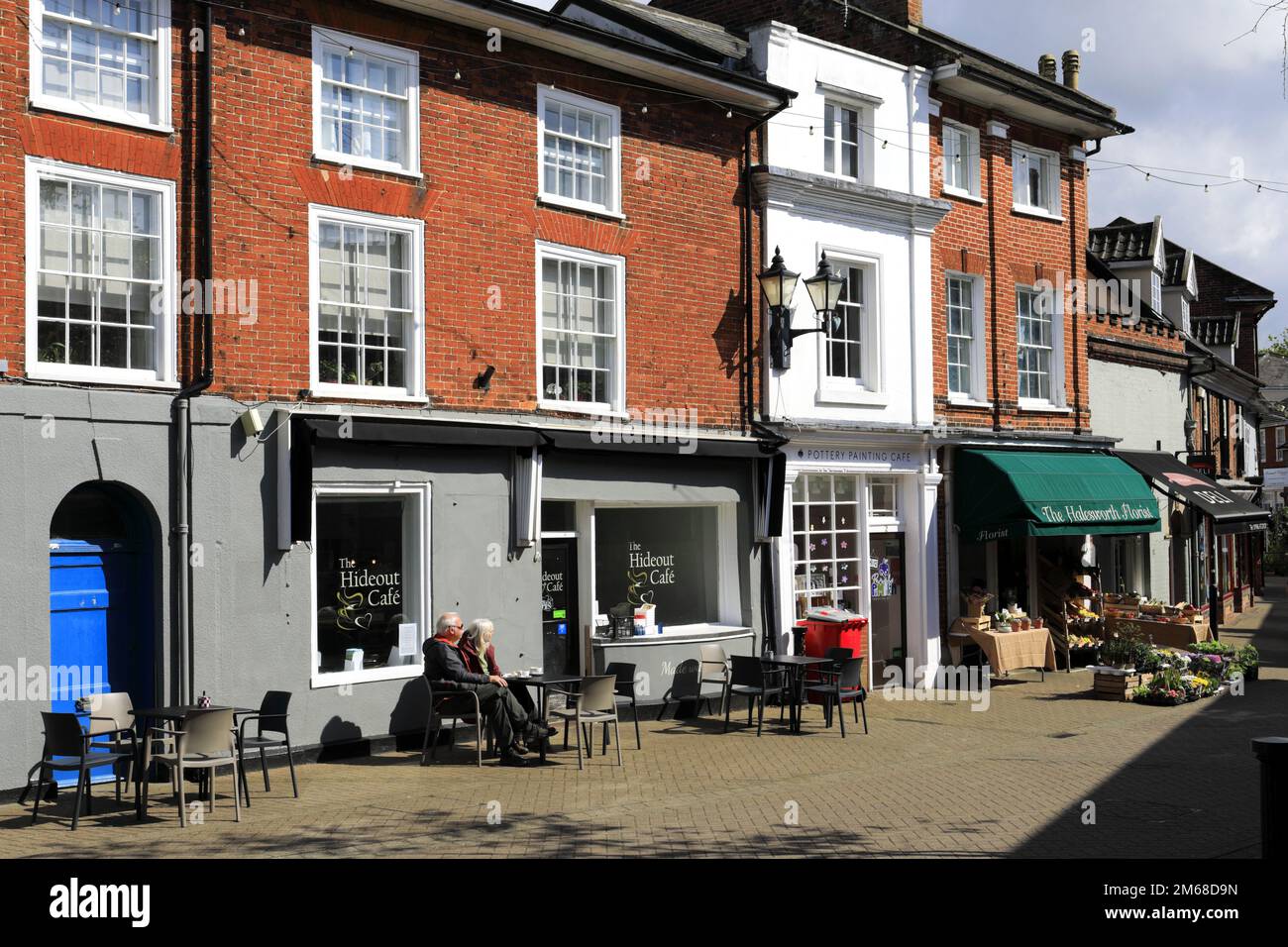 Shops and cafes in the Thoroughfare street, Halesworth market town ...