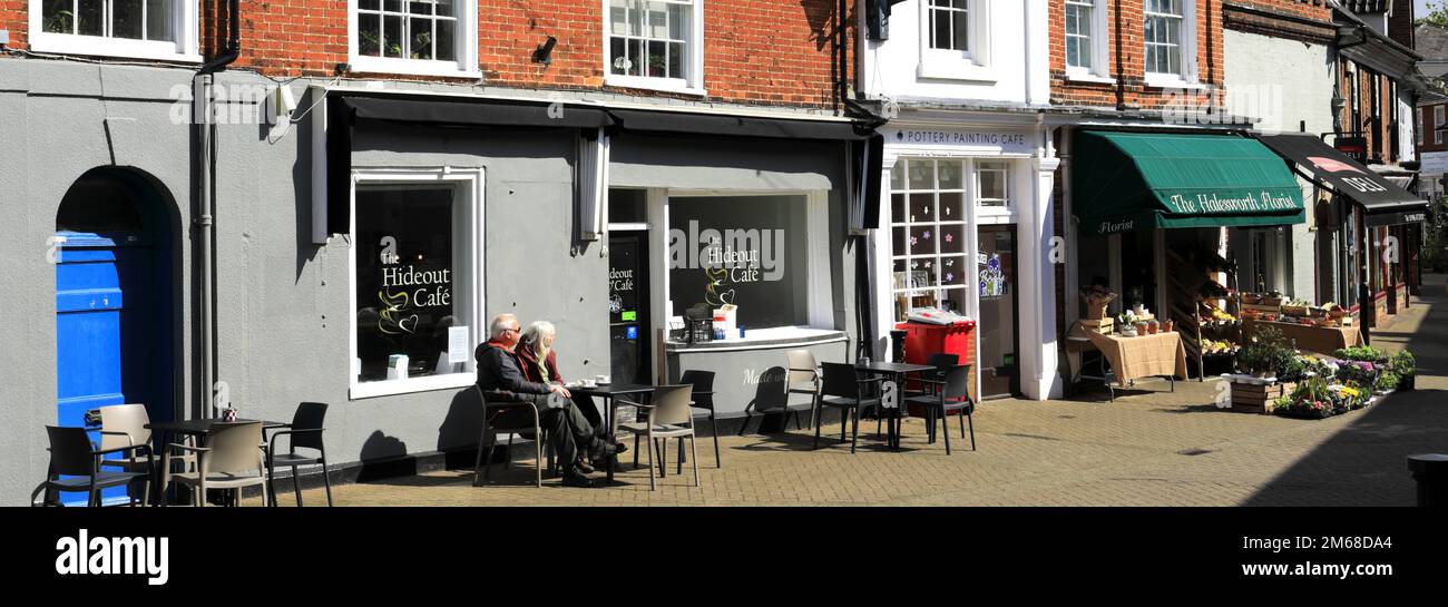 Shops and cafes in the Thoroughfare street, Halesworth market town ...