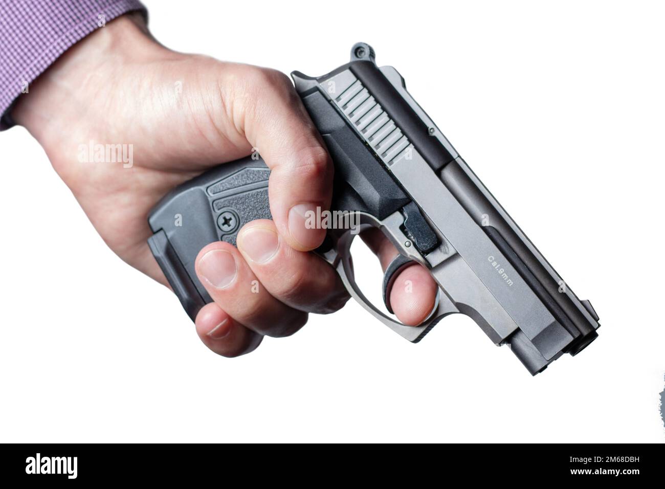 Hands holding gun isolated on white background Stock Photo - Alamy