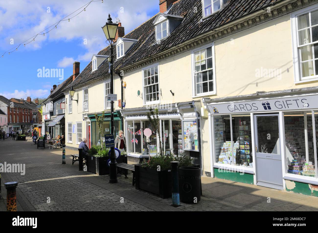Shops and cafes in the Thoroughfare street, Halesworth market town ...