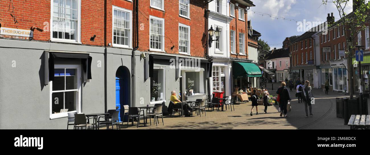 Shops and cafes in the Thoroughfare street, Halesworth market town ...