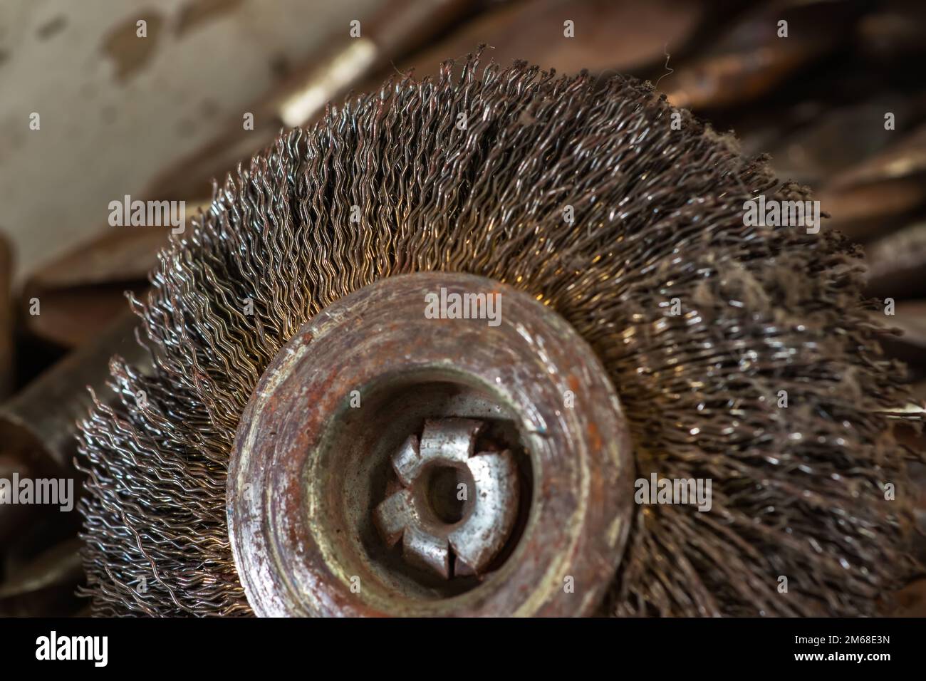 steel brush for drill clean off old metal sheet with rust Stock Photo ...