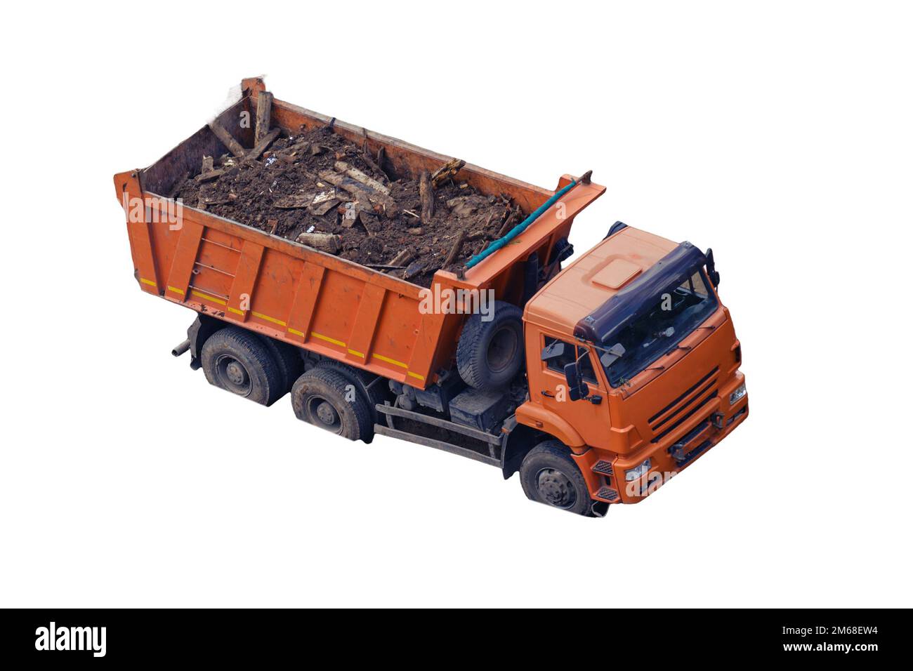 Bulldozer loads soil into an orange truck, top view, isolated on a ...