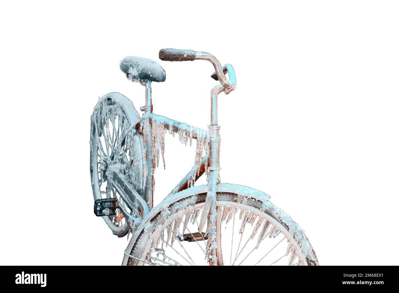 Frozen snowy bike, isolated on a white background Stock Photo - Alamy