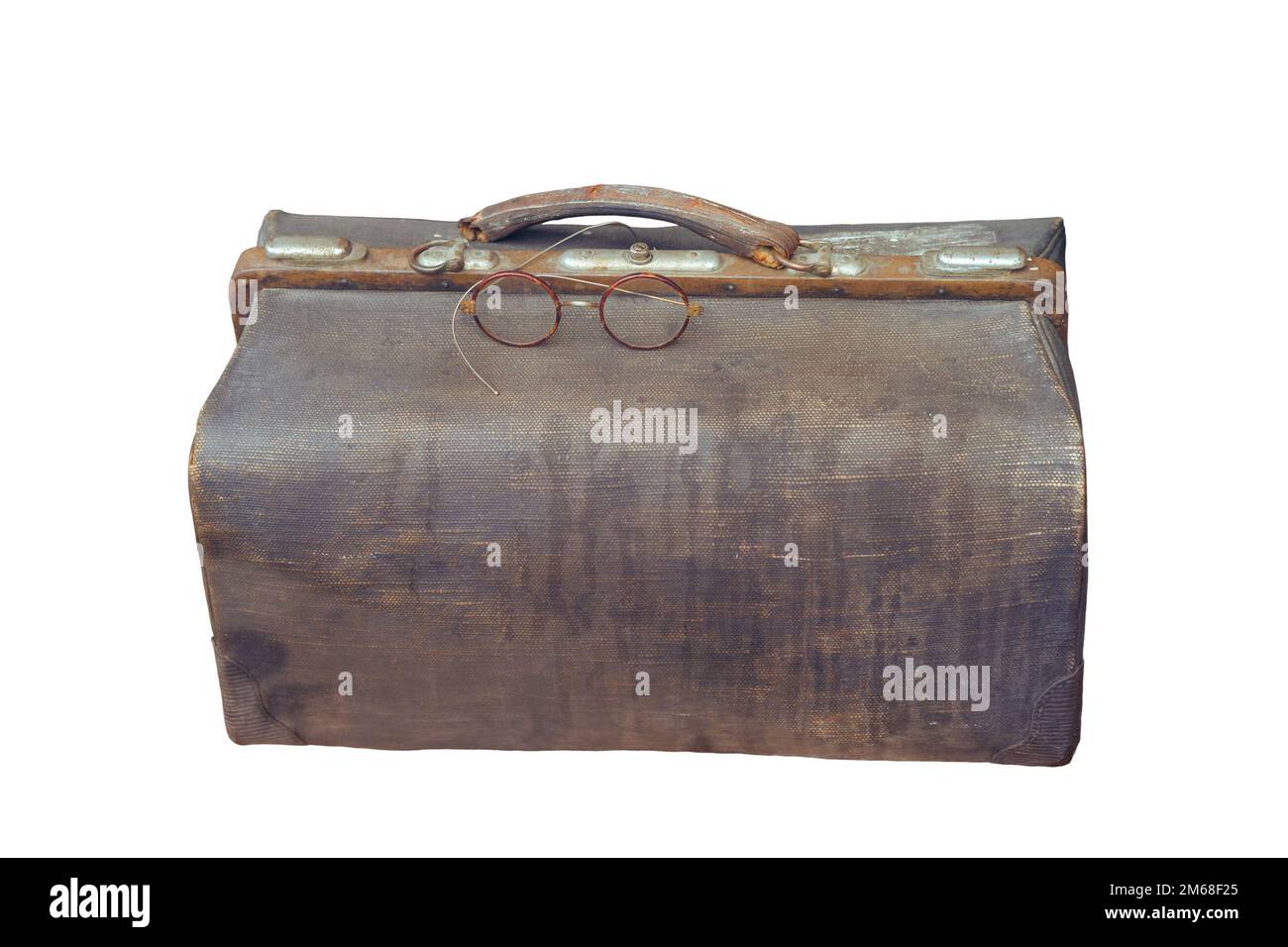 Retro bag and old round glasses, close-up, isolated on a white ...