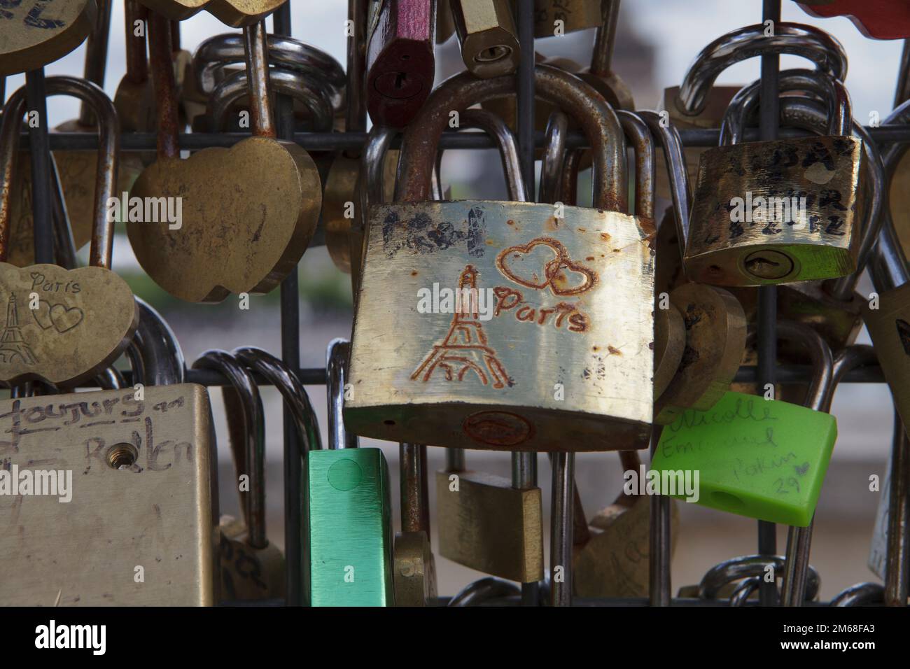 Love locks on a fence near the Place du Trocadero overlooking the ...