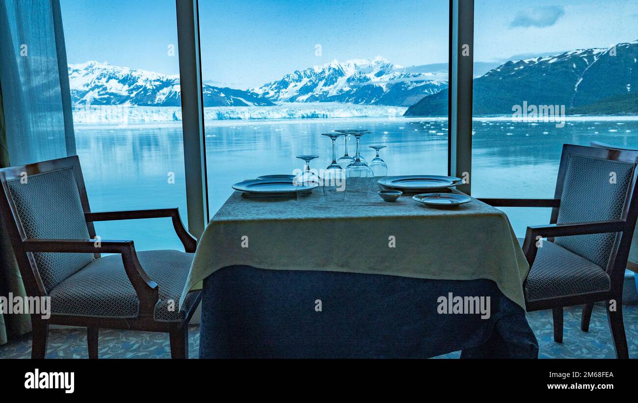 Travel destination concept. Empty restaurant cafe seating interior with ...