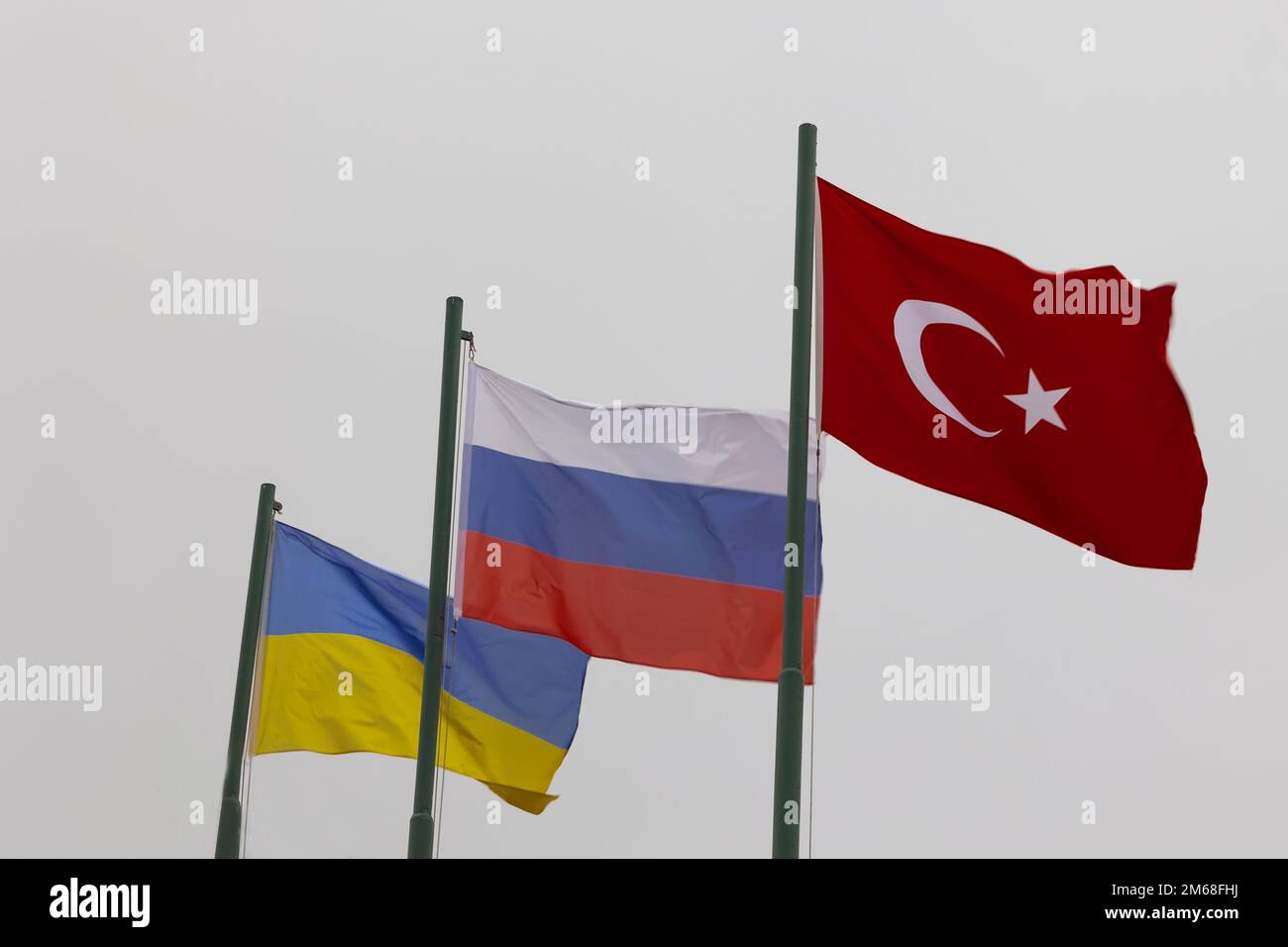 Flags of Turkiye, Russia and Ukraine. Russian and Ukrainian conflict ...