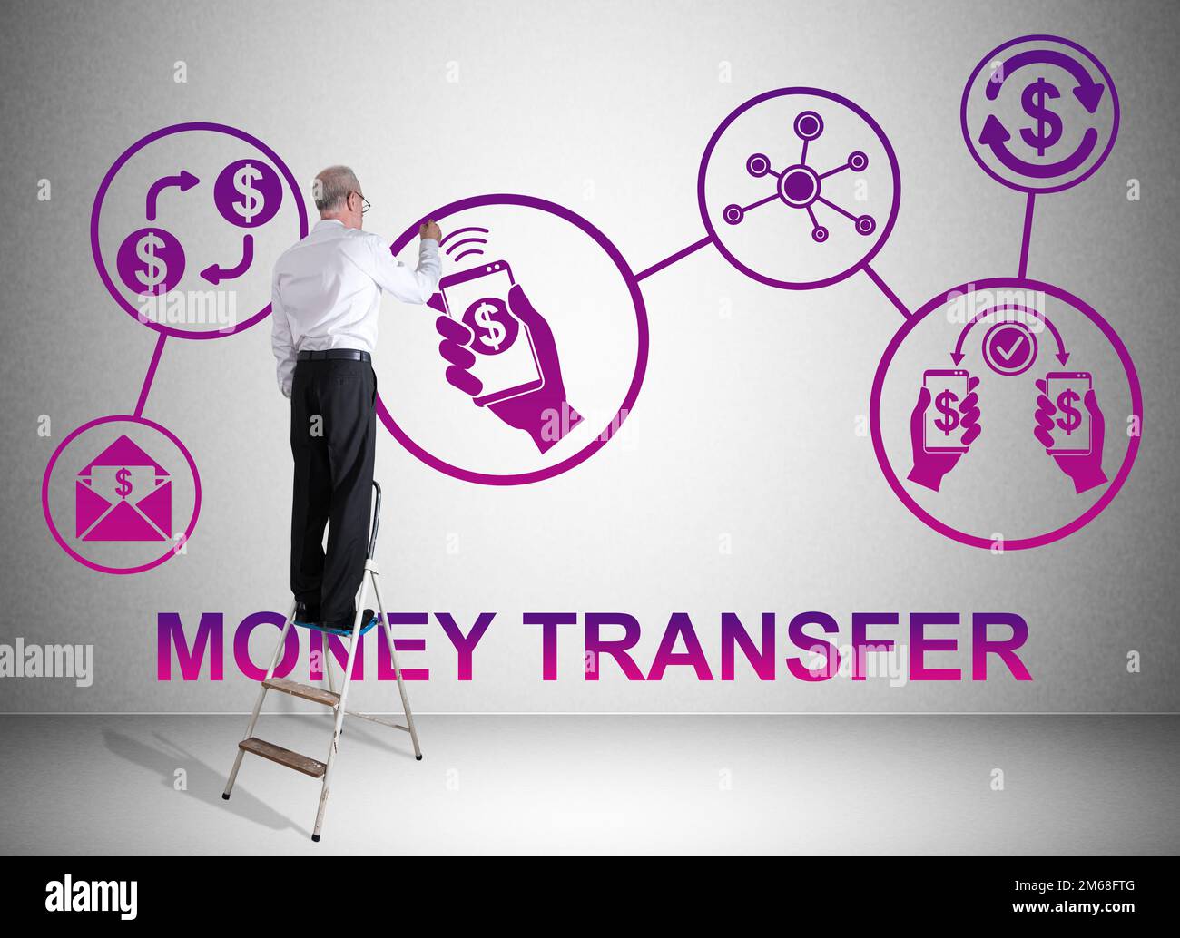 Man on a ladder drawing money transfer concept on a wall Stock Photo ...