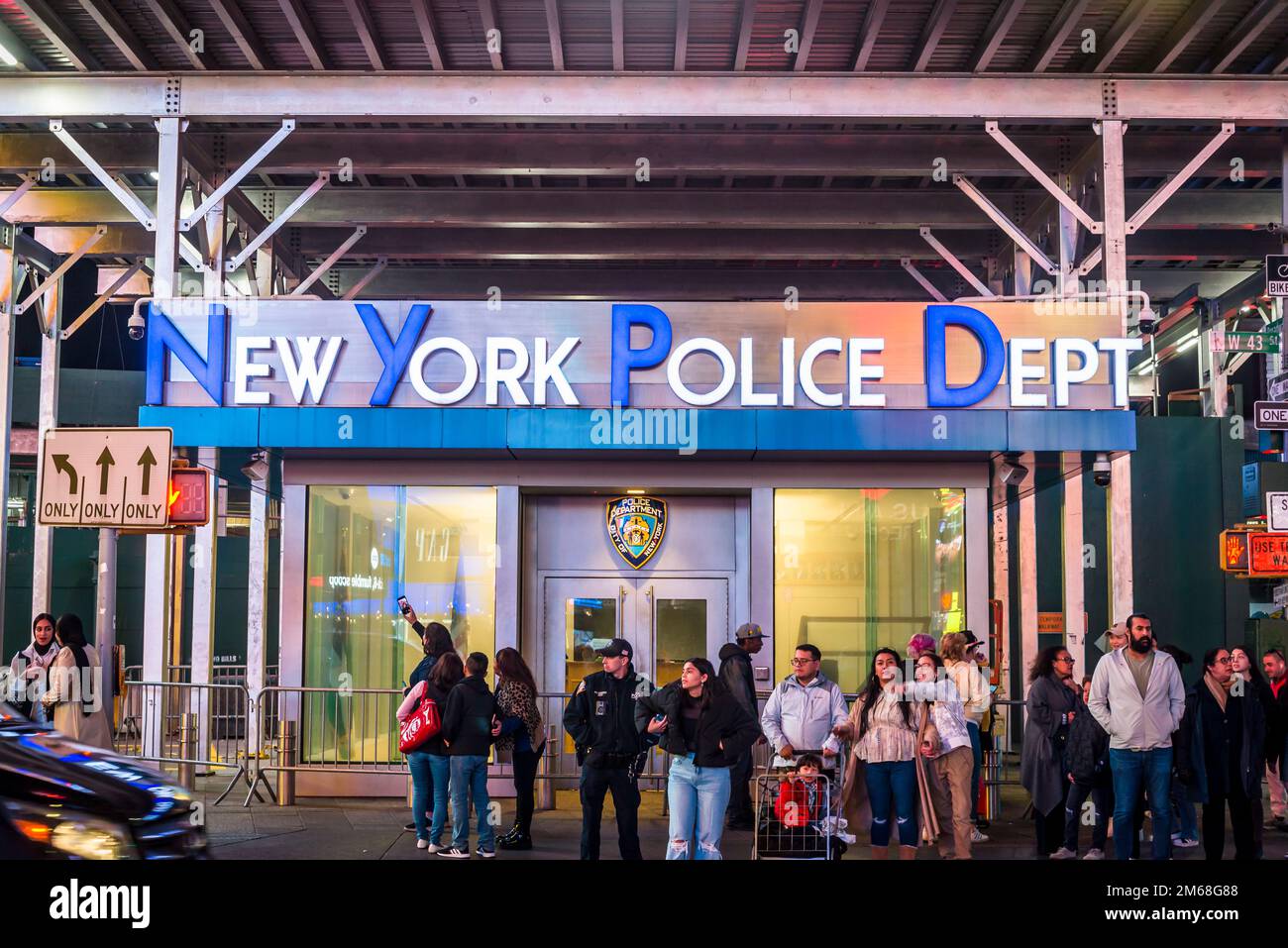 New York Police Department on Broadway near Times Square at night, New ...