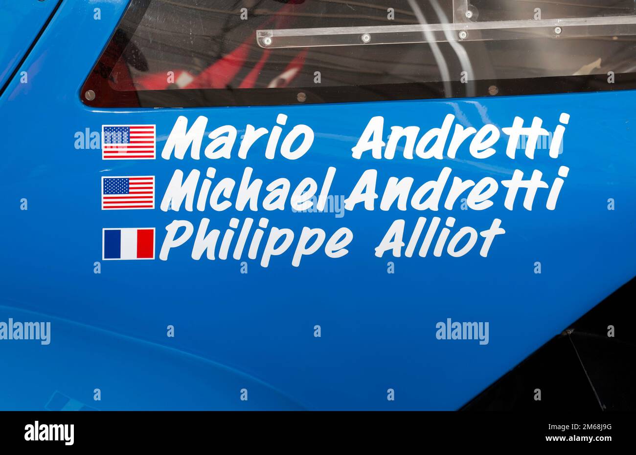 Close-up view of a 1983, Porsche 956, driven, in period by Mario and ...