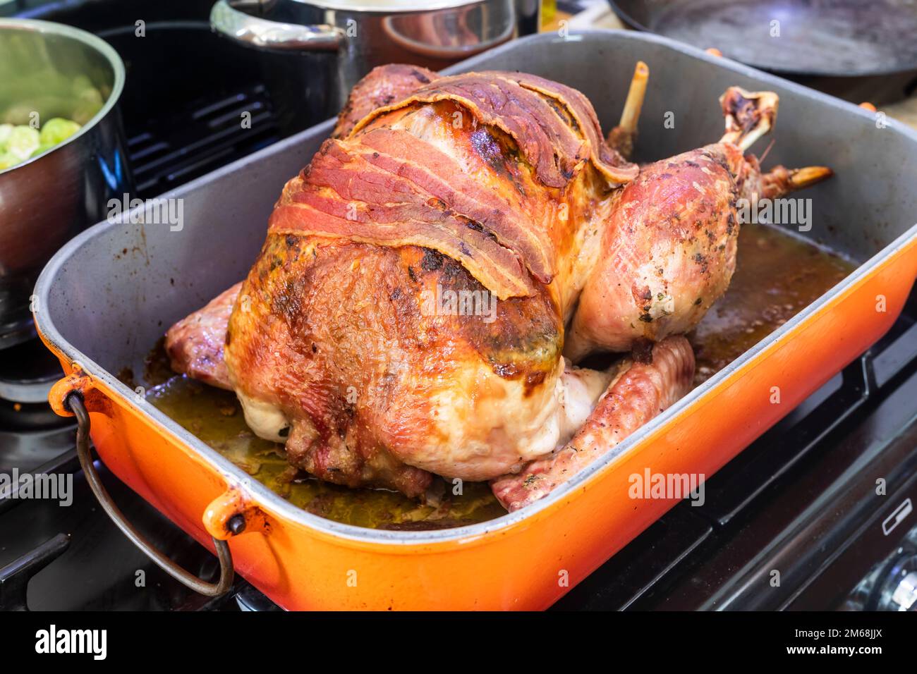 A cooked roast Bronze Turkey topped with streaky bacon rashers, resting ...