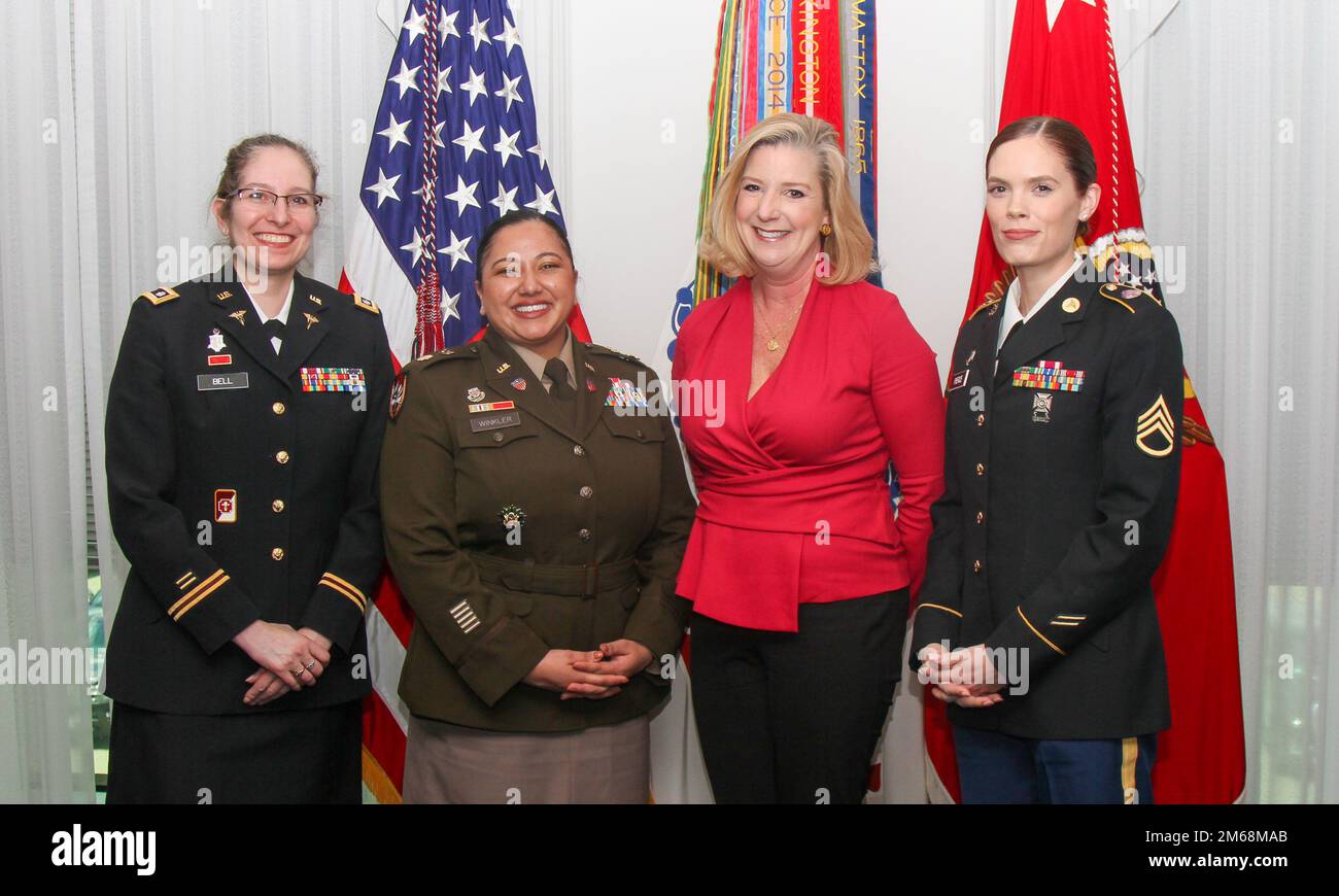 From left: Lt. Col Kelly Bell; Maj. Sam Winkler; Christine E. Wormuth ...