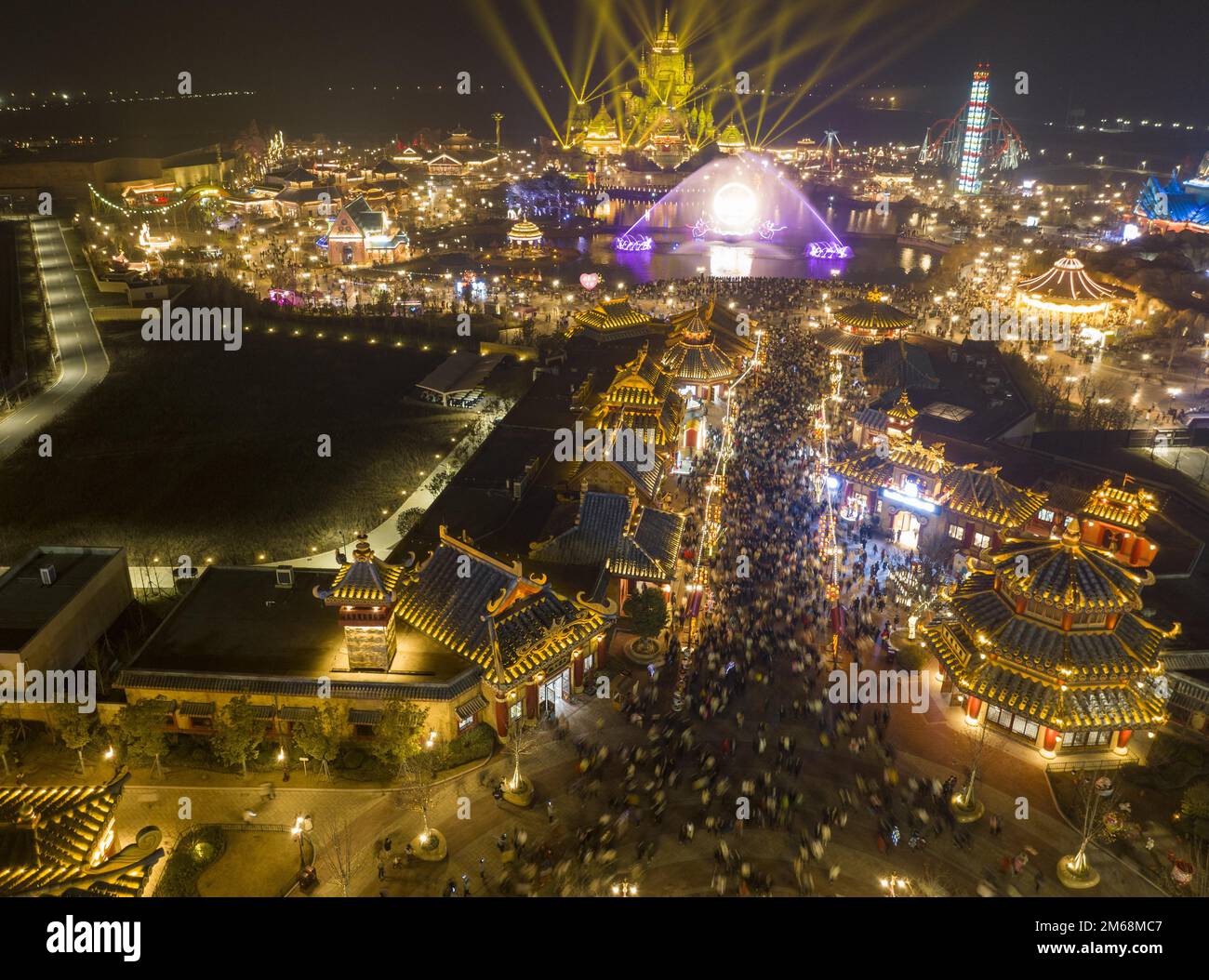 Aerial photo shows the New Year fireworks and light show in Xiyou World ...