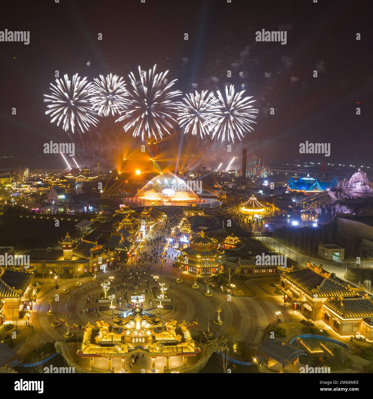 Aerial photo shows the New Year fireworks and light show in Xiyou World ...