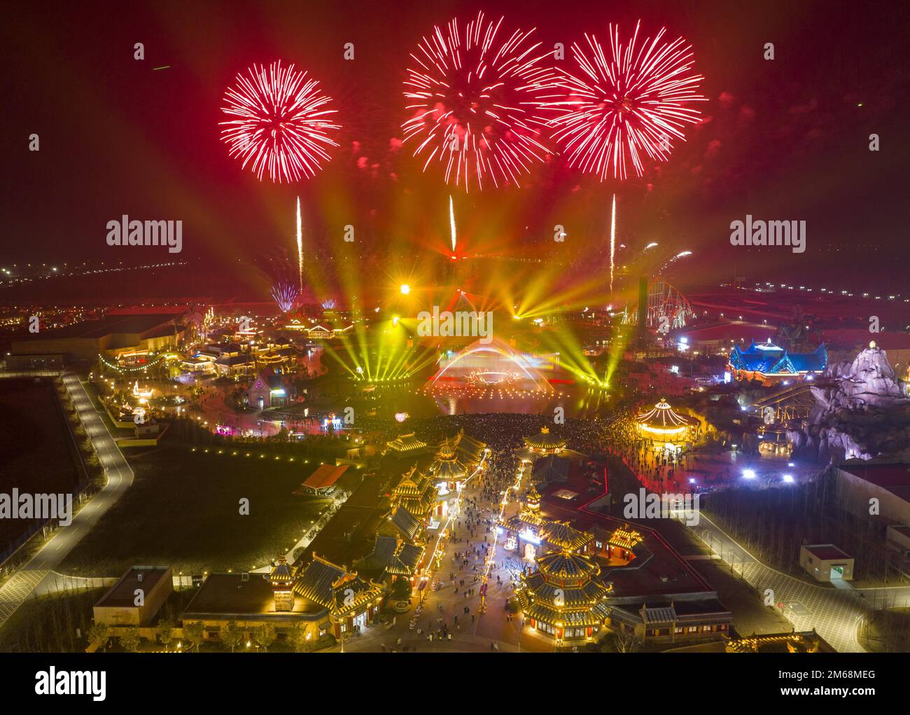 Aerial photo shows the New Year fireworks and light show in Xiyou World ...