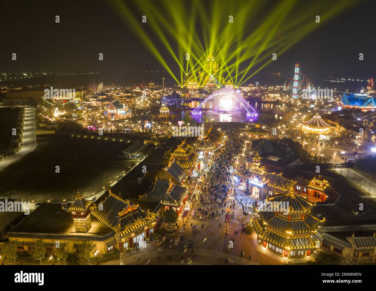 Aerial photo shows the New Year fireworks and light show in Xiyou World ...