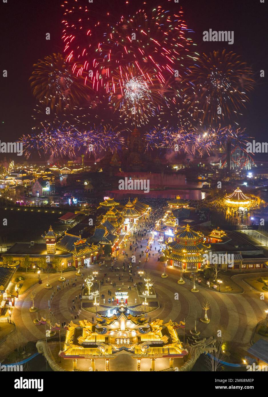 Aerial photo shows the New Year fireworks and light show in Xiyou World ...