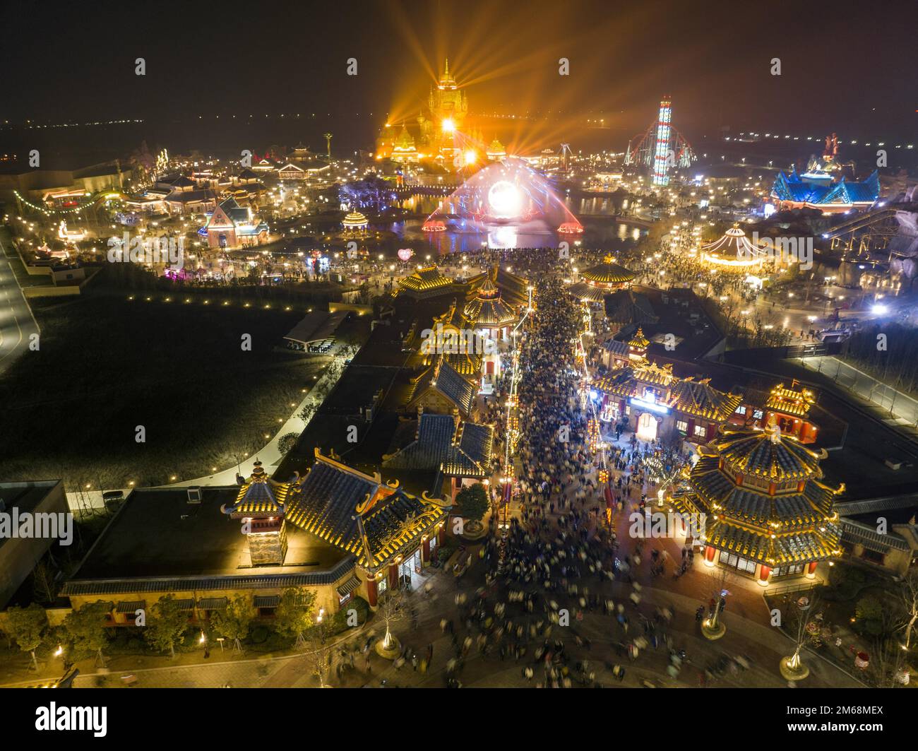 Aerial photo shows the New Year fireworks and light show in Xiyou World ...