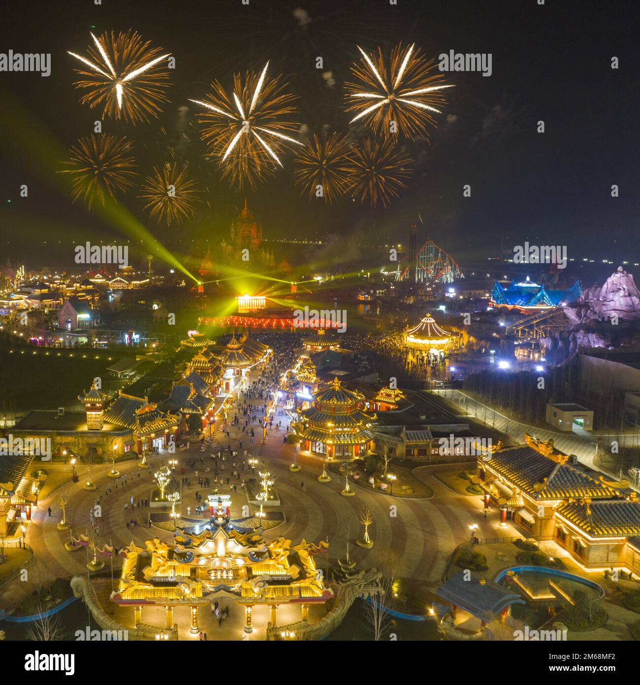 Aerial photo shows the New Year fireworks and light show in Xiyou World ...