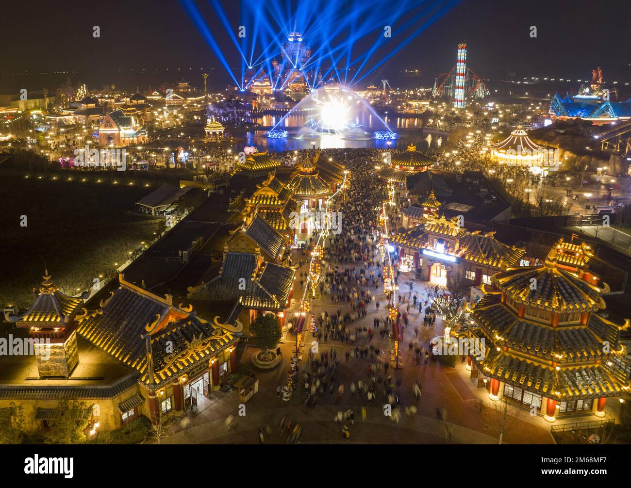 Aerial photo shows the New Year fireworks and light show in Xiyou World ...
