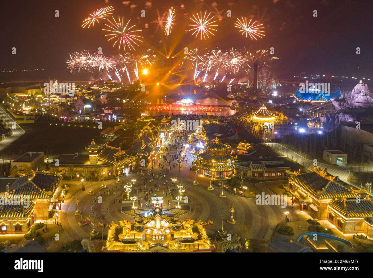 Aerial photo shows the New Year fireworks and light show in Xiyou World ...