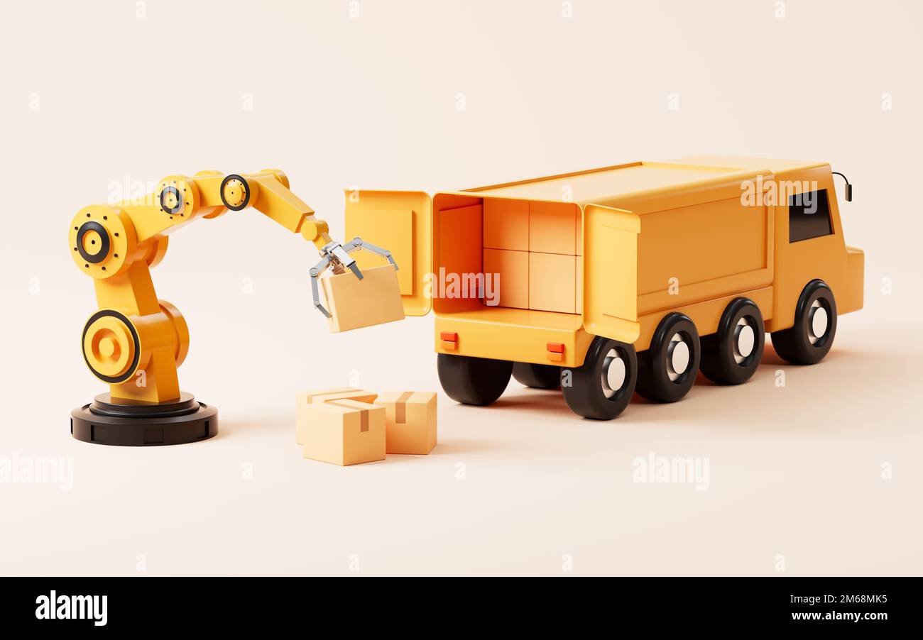 Mechanical arm carry the goods to the truck, 3d rendering. Digital ...
