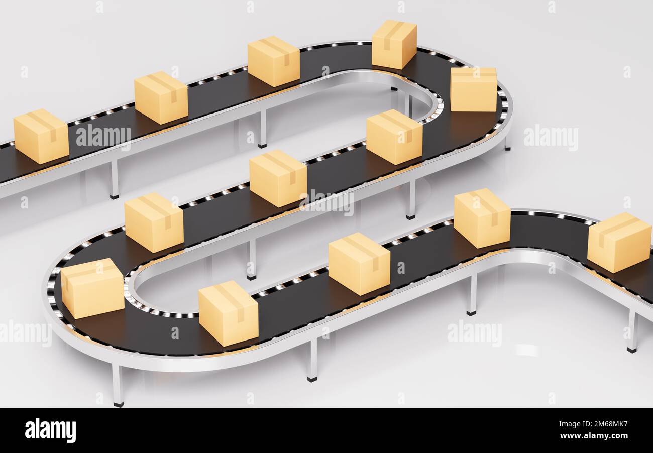 Boxes on the conveyor belt, Logistics transportation concept, 3d ...