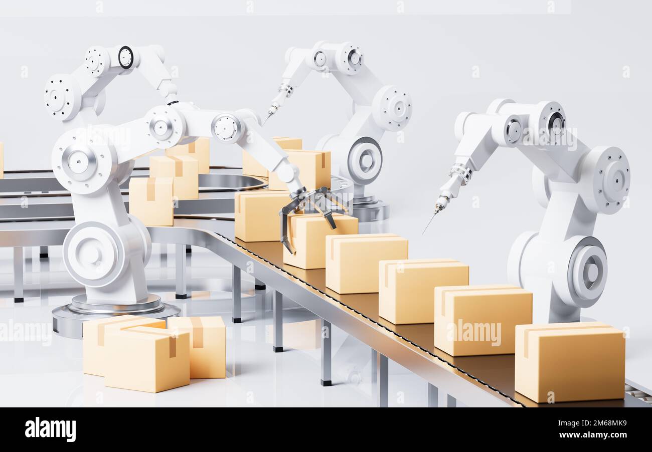 Mechanical arms carry boxes, Assembly line and mechanical operation, 3d ...