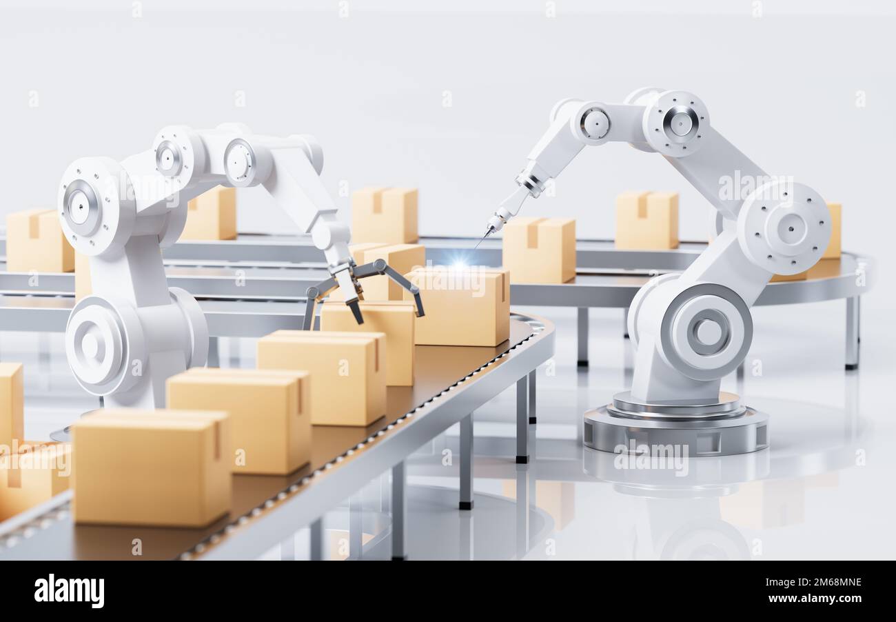 Mechanical arms carry boxes, Assembly line and mechanical operation, 3d ...