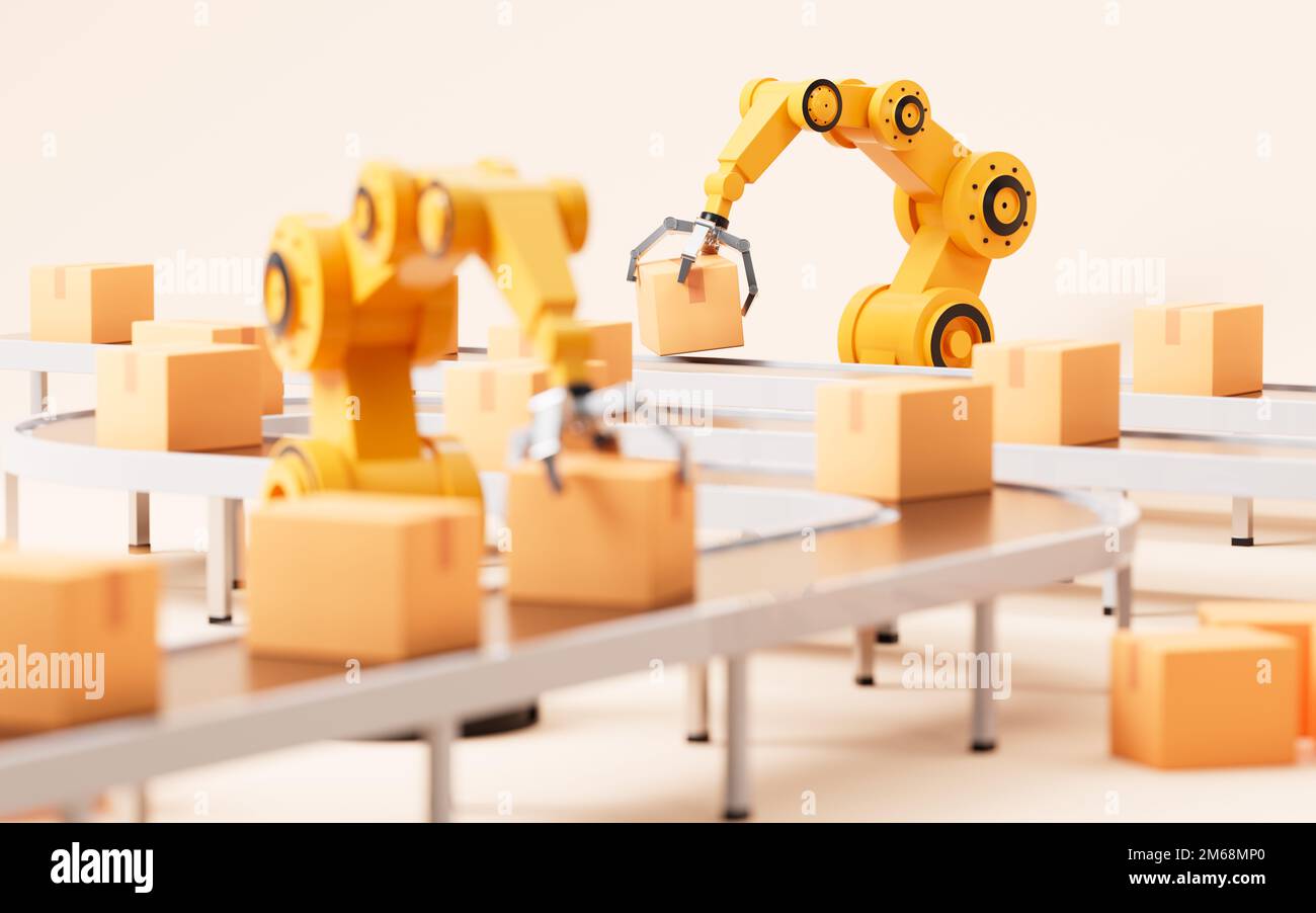 Mechanical arms carry boxes, Assembly line and mechanical operation, 3d ...