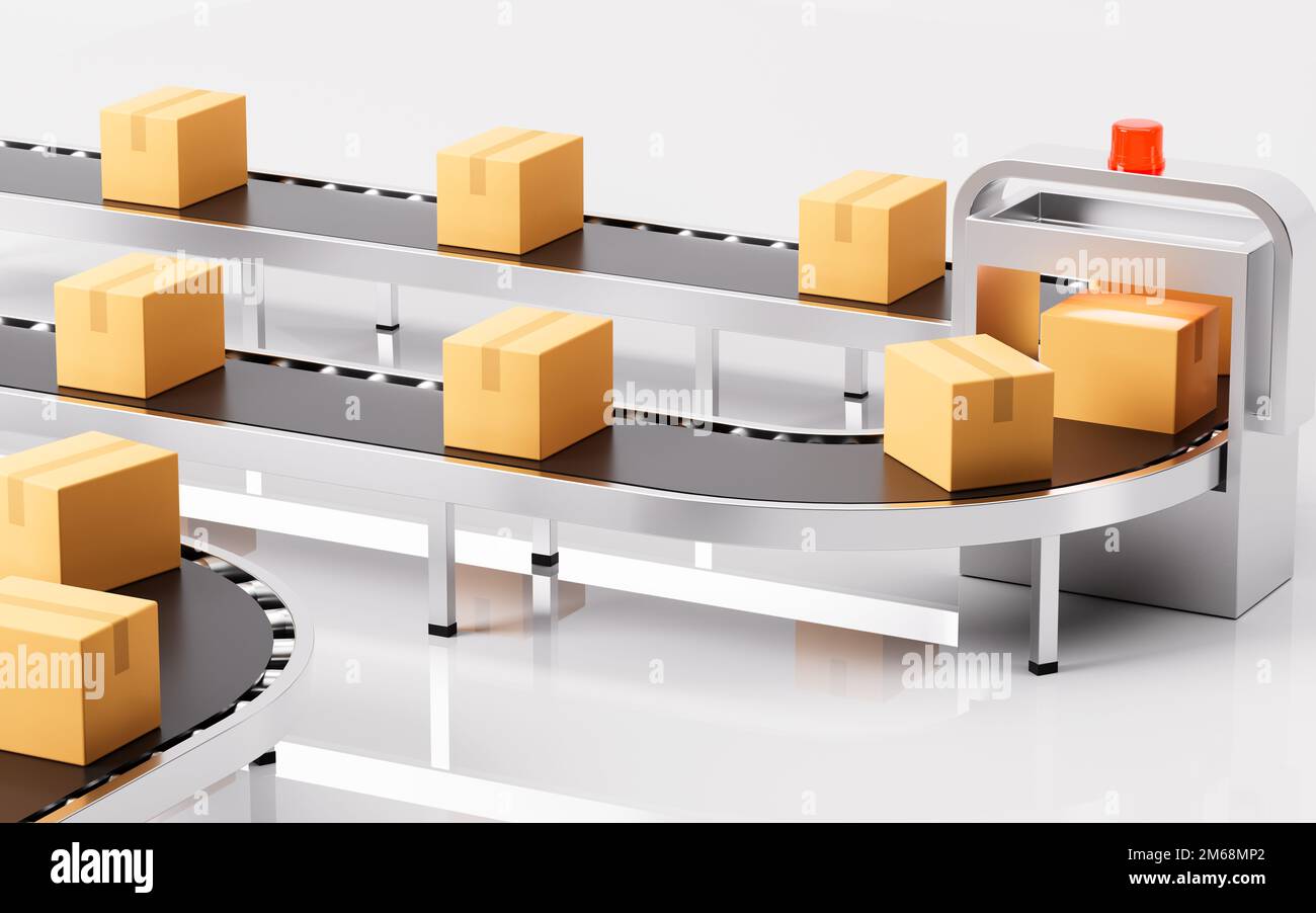 Boxes on the conveyor belt, Logistics transportation concept, 3d ...
