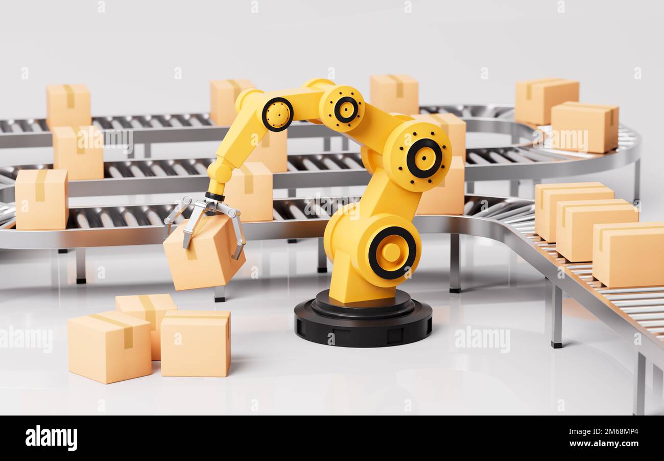 Mechanical arms carry boxes, Assembly line and mechanical operation, 3d ...