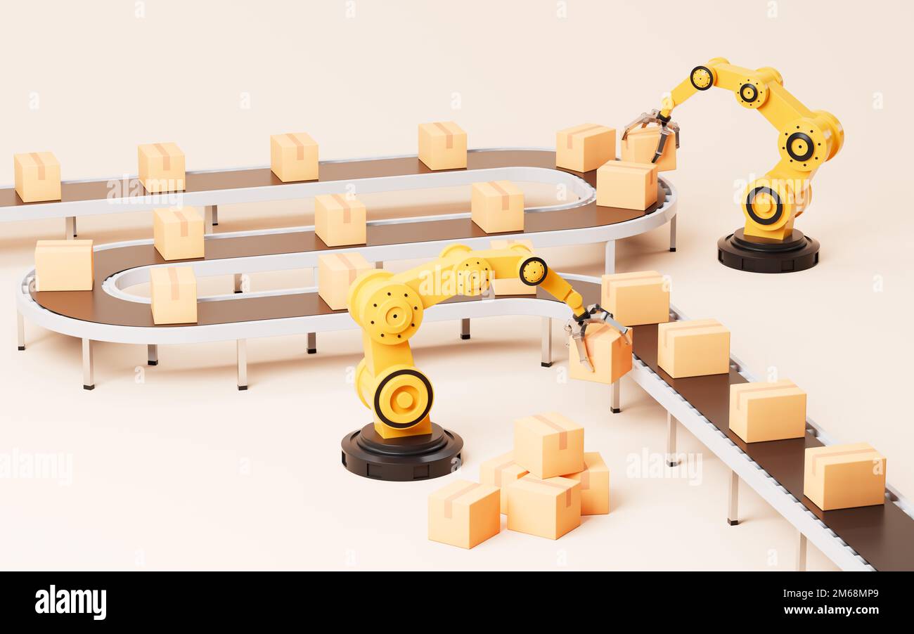 Mechanical arms carry boxes, Assembly line and mechanical operation, 3d ...