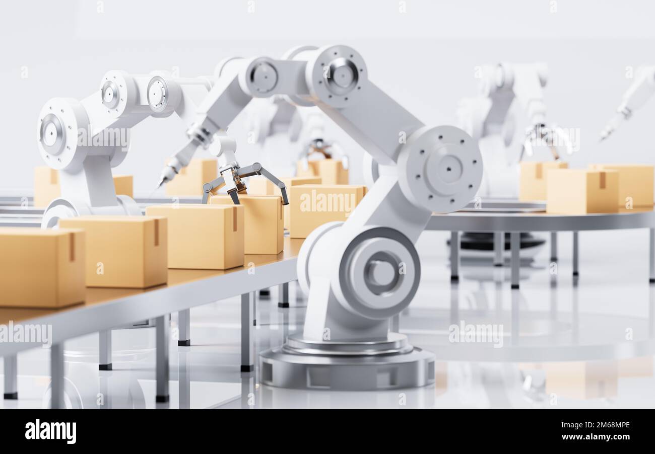 Mechanical arms carry boxes, Assembly line and mechanical operation, 3d ...