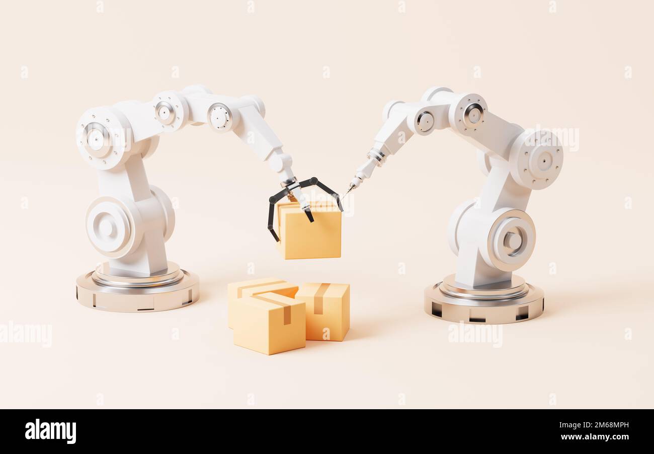 Mechanical arms carry boxes, Assembly line and mechanical operation, 3d rendering. Digital ...
