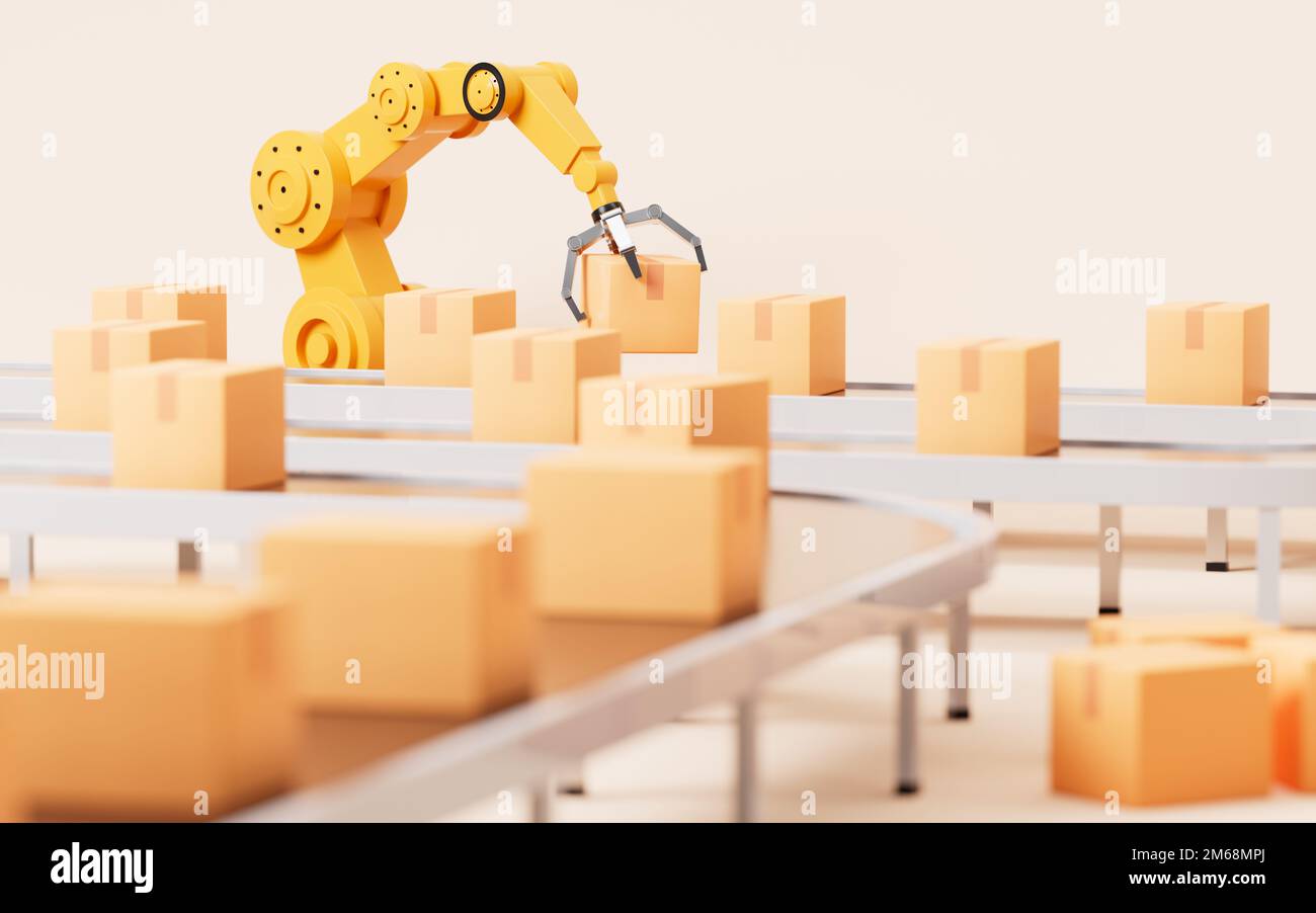 Mechanical arms carry boxes, Assembly line and mechanical operation, 3d ...