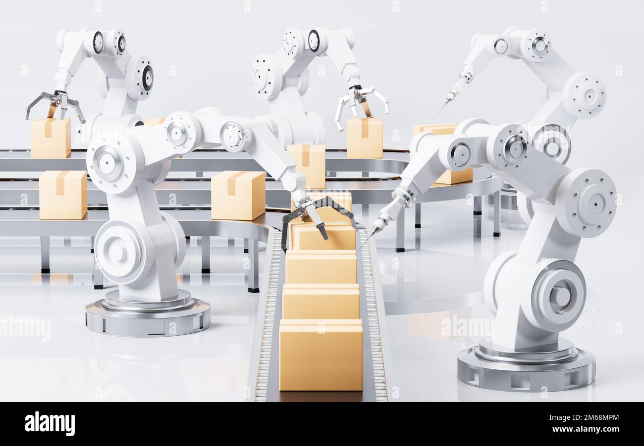 Mechanical arms carry boxes, Assembly line and mechanical operation, 3d rendering. Digital ...