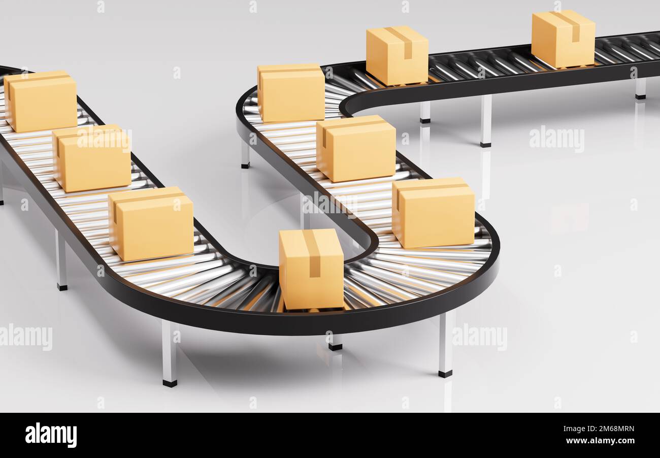 Boxes on the conveyor belt, Logistics transportation concept, 3d ...