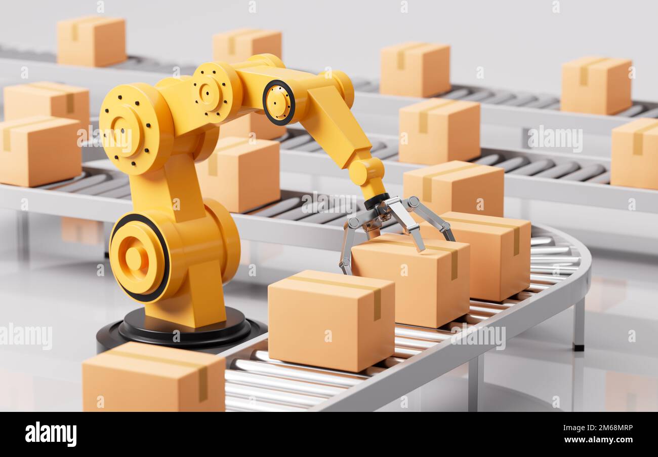 Mechanical arms carry boxes, Assembly line and mechanical operation, 3d rendering. Digital ...