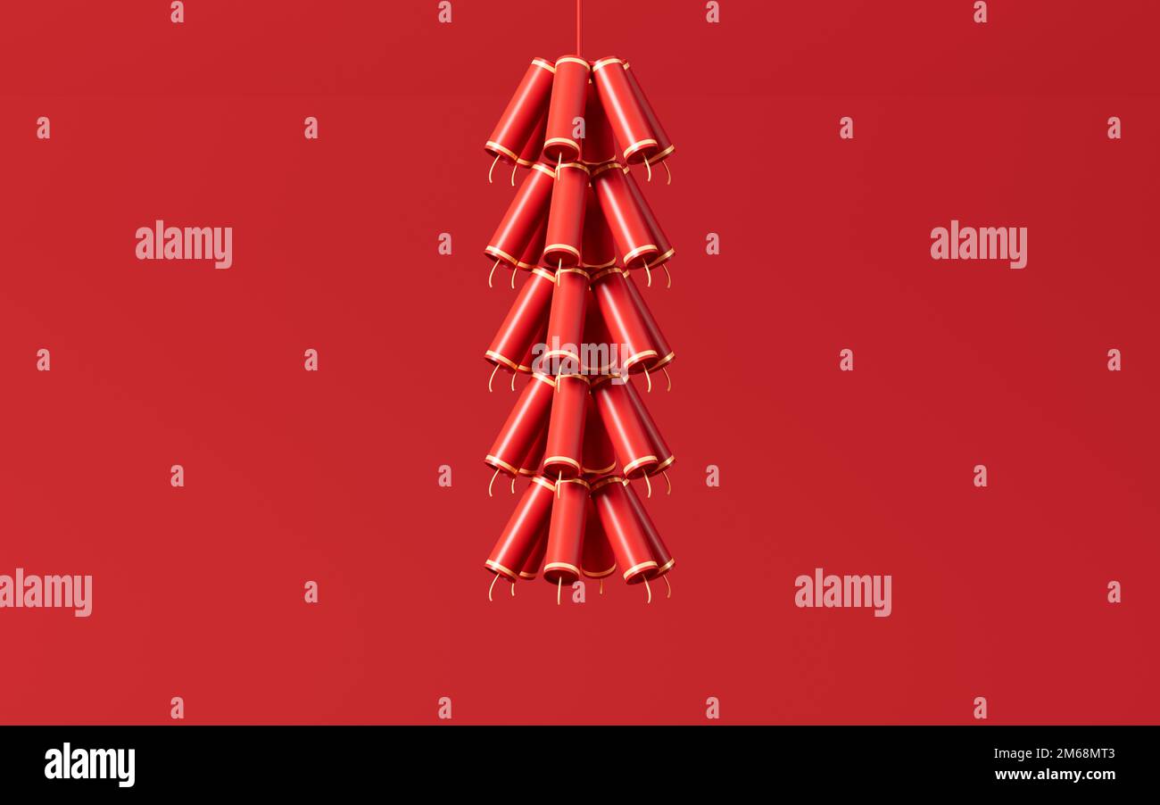 A string of firecrackers with red background, 3d rendering. Digital ...