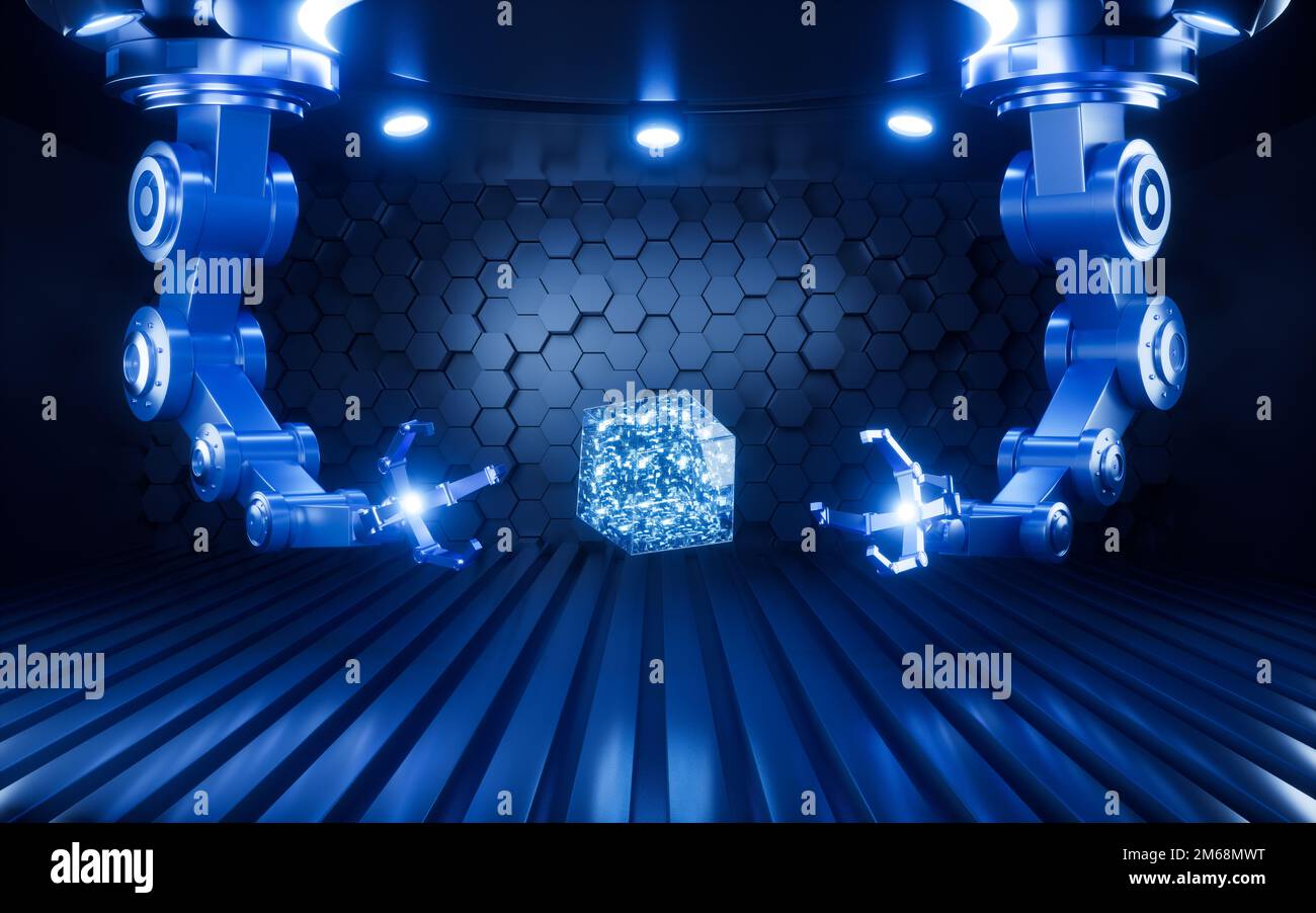 Mechanical arms and circuit chip in the sci-tech background, 3d ...