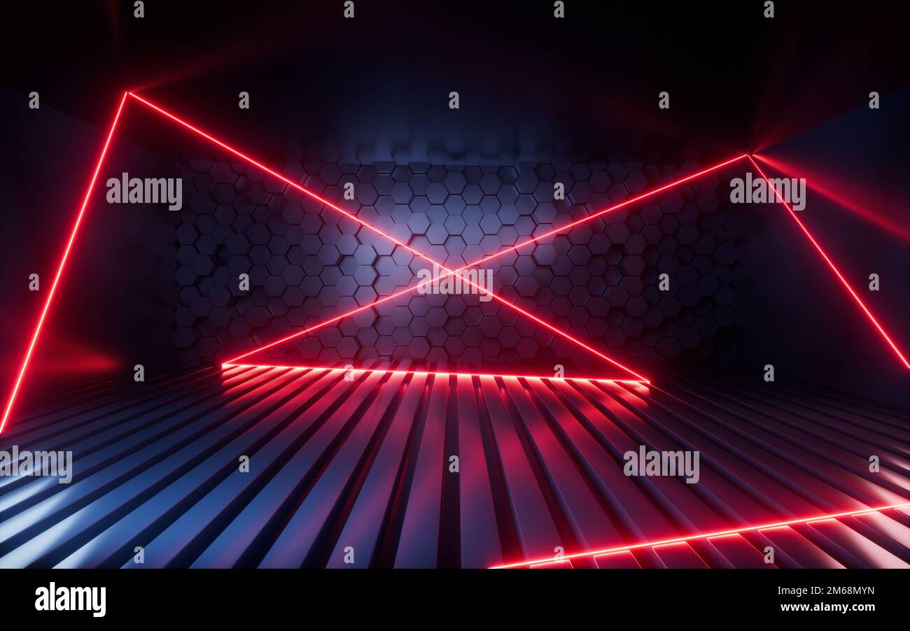 Neon lights with hexagonal indoor background, 3d rendering. Digital ...