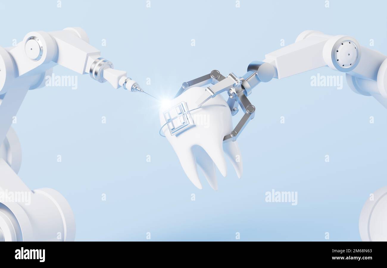 Mechanical arm and fix teeth, 3d rendering. Digital drawing Stock Photo - Alamy