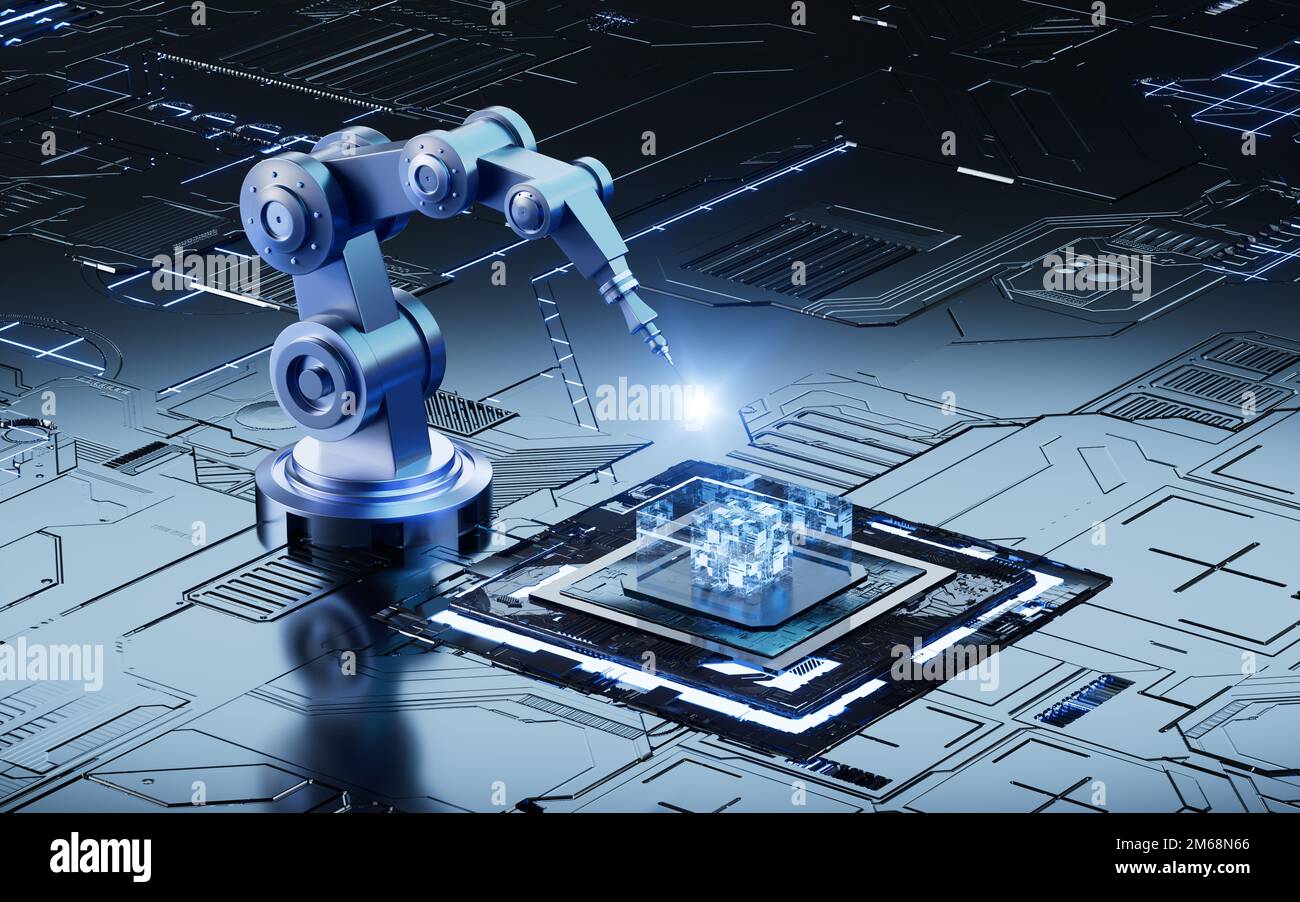 Mechanical arm and circuit chip in the sci-tech background, 3d ...